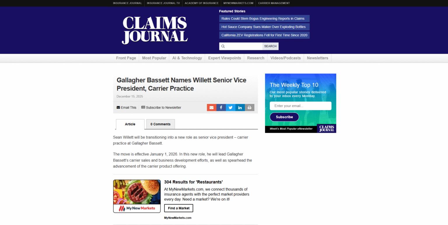 Gallagher Bassett Names Willett Senior Vice President, Carrier Practice ...